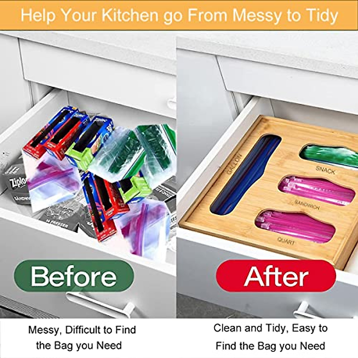 Bamboo Ziplock Bag Storage Organizer for Kitchen Drawer, Wooden Food Storage Bag Holders, Ziploc Baggie Organizer Dispenser, Compatible with Gallon, Quart, Sandwich & Snack Bags Variety Size Bag