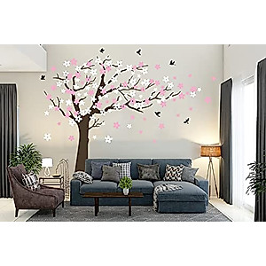 Large Cherry Blossom Tree Blowing in The Wind Tree Wall Decals Wall Sticker Vinyl Wall Art Kids Rooms Teen Girls Boys Wallpaper Wall Stickers Room Decor (Dark Brown Tree,White and Pink Flower)