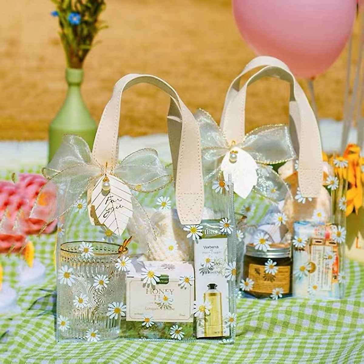 Clear Gift Wrap Bag with Handles (2pcs,9.1 X 9.8X 5.5'') Heavy Duty Plastic Waterproof Gift Packing Bag for Party, Reusable Merchandise Retail Transparent PVC Shopping Tote Bags for Package Candy