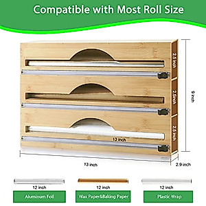 3 in 1 Wrap Dispenser with Cutter and Labels,Foil and Plastic Wrap Organizer for Kitchen, Storage Organizer for Aluminum Foil and Wax Paper,Wall Mount Bamboo Roll Organizer Holder，Send Slide Knife