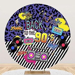 AWERT Polyester Diameter 7ft Round Back to The 90's Backdrop Retro Colorful Graffiti Hip Hop Old Radio Black White Stripes Photo Background 90's Theme Birthday Party Discos Ball Decoration