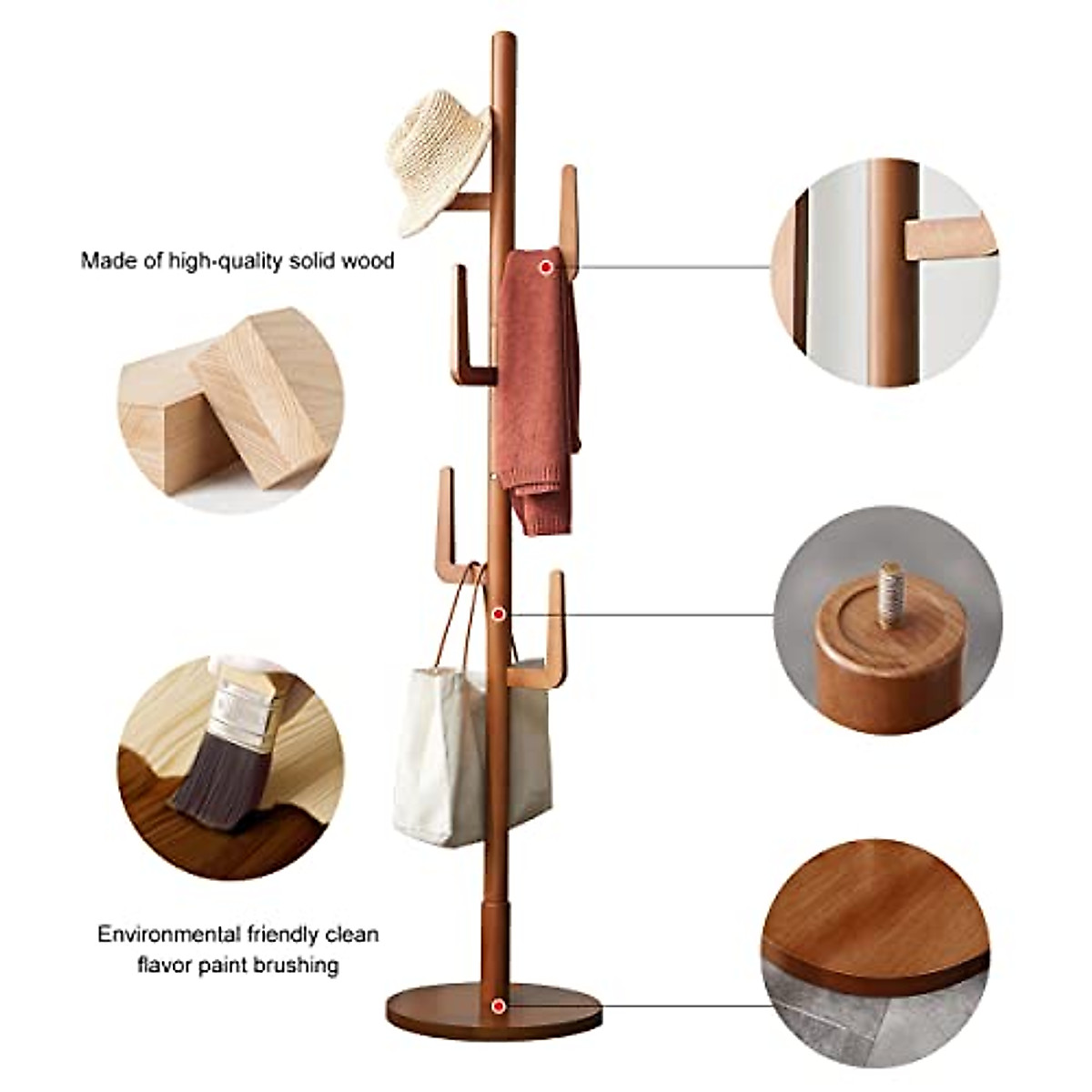 TinyTimes Wooden Coat Rack Free Standing, Cactus Shape, Sturdy Rustic Hall Tree Coat Tree Coat Hanger with 6 Hooks, for Coat, Hat, Clothes, Scarves, Handbags, Umbrella - Dark Brown