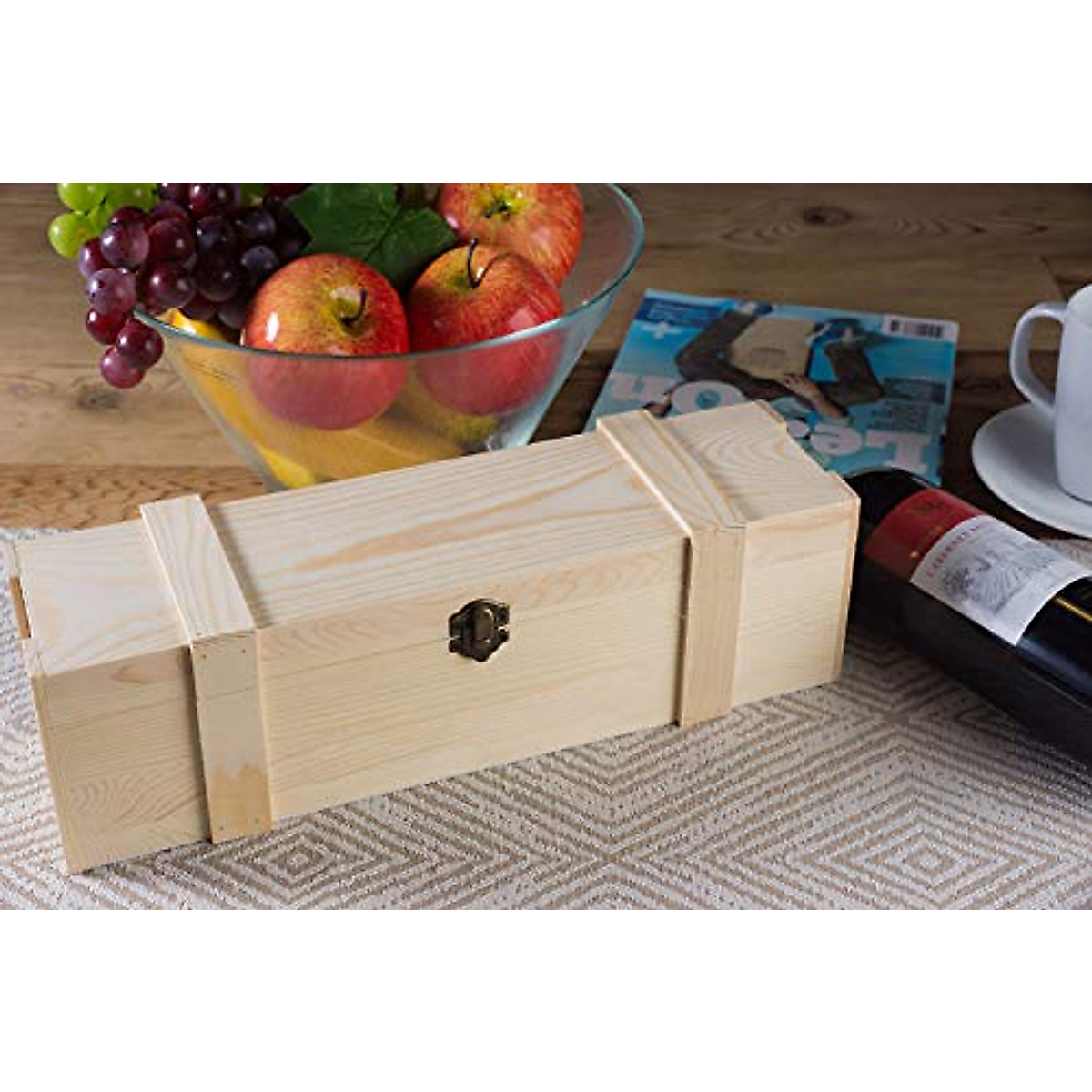 Juvale Wooden Wine Box - Single Wine Bottle Wood Storage Gift Case, Hinged with Clasp Box for Birthday Party, Housewarming, Wedding, Anniversary (13.82 x 3.98 x 3.94 in)