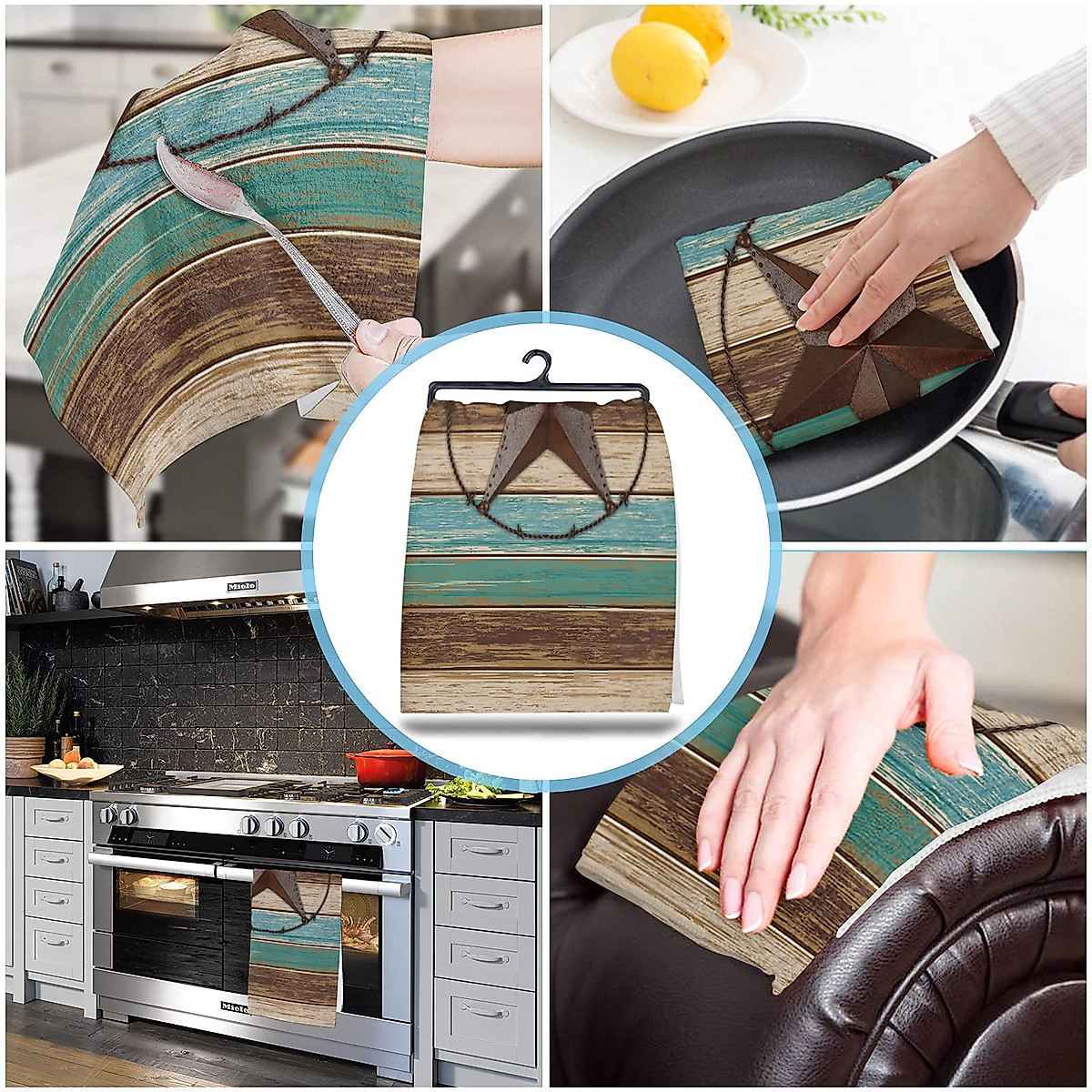 Western Texas Star Wooden Board Kitchen Towels, Set of 3 Hand Drying Towel, Soft Absorbent Multipurpose Cloth Tea Towels for Cooking Baking, Retro Vintage Washable Dish Towels Cloth 18x28 Inch