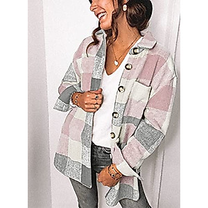 PRETTYGARDEN Women's 2023 Fall Clothes Plaid Shacket Jacket Long Sleeve Button Down Flannel Shirts Fashion Blouse(Pink,Medium)