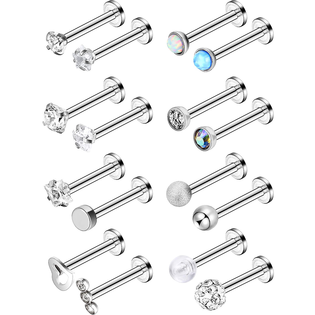 Chuangdi 16 Pieces 16 G Labret Nose Studs Piercing Lips Stainless Steel Tragus Nose Assorted Design Piercing Jewelry for Women (Silver)
