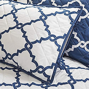 Madison Park Essentials Merritt Reversible Daybed Cover-Fretwork Print, Diamond Quilting All Season Cozy Bedding with Bedskirt, Matching Shams, Decorative Pillow, 75"x39", Navy 6 Piece
