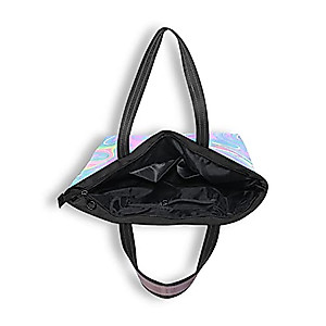 Bolaz Tote Bag with Pockets for Women Rainbow Marble Holographic Shoulder Bag Handbags Zipper Small Travel Office Business