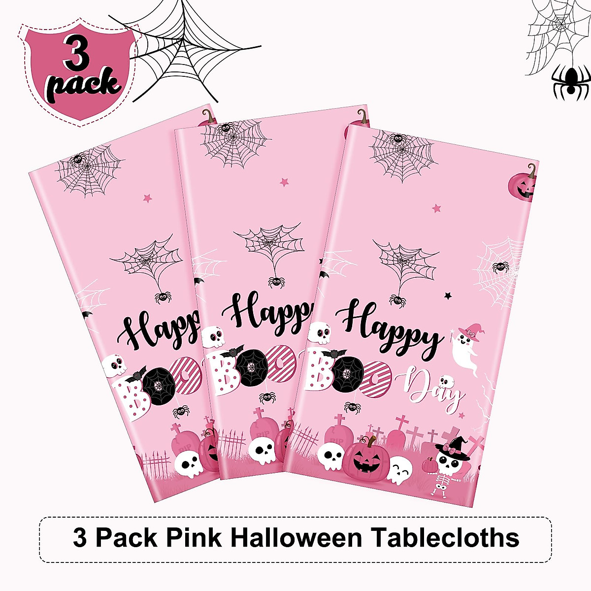 WovWeave 3 Pcs Halloween Tablecloth Happy Boo Day Tablecover Bulk Girl Boo Baby Shower Halloween Tablecloth Plastic Pink Halloween Decorations for Girl Halloween Birthday Party Supplies 108x54 Inch
