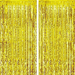 2 Packs 3ft x 8.3ft Gold Metallic Tinsel Foil Fringe Curtains Photo Booth Props for Birthday Wedding Engagement Bridal Shower Baby Shower Bachelorette Holiday Celebration Party Decorations