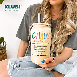 KLUBI Chaos Coordinator Glass Cup With Straw 16oz Chaos Coordinator Gifts for Women Christmas Gifts Officiant Gifts for Wedding Day Promotion Gifts for Women Nurse Gifts Bosses Day Gifts for Her