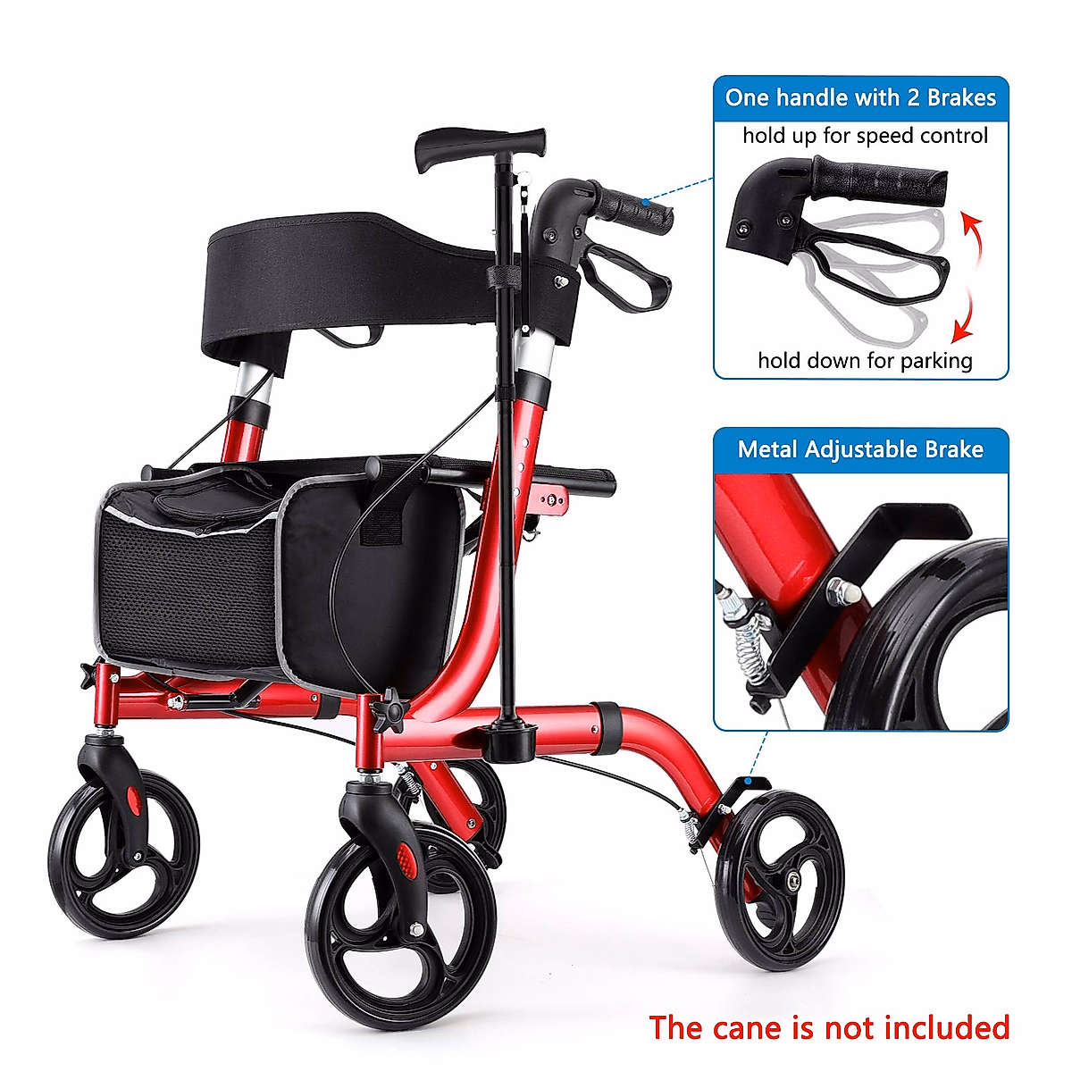 Rollator Walkers for Seniors- Rollator Walker with Seat 8" Wheels- Easy Folding Senior Walker with Padded Backrest- Lightweight Mobility Walking Aid for Adult Elderly, Aluminum Frame, Red