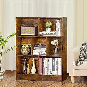 LEYAOYAO 7 Cube Bookshelf with Base,3 Tier Mid-Century Modern Brown Bookcase,Standing Wide Bookshelves Storage Organizer Shelf,Rustic Wood Display Cabinet Book Shelves for Bedroom,Living Room,Office