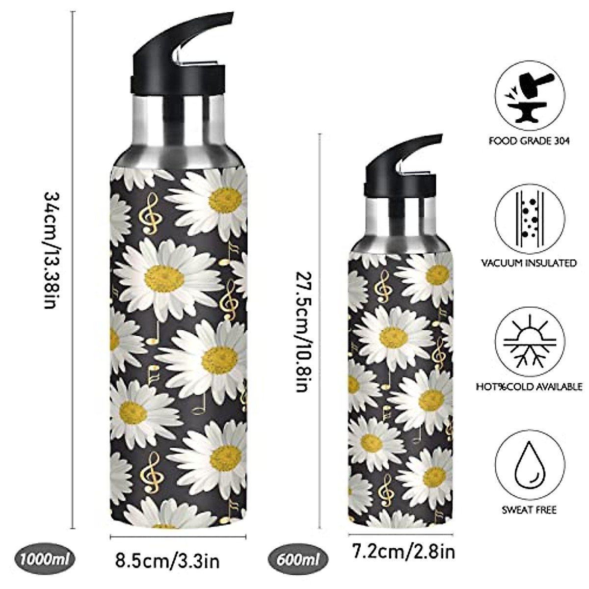 ALAZA Flower Music Note Water Bottle with Straw Lid Vacuum Insulated Stainless Steel Thermo Flask Water Bottle 20oz