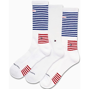 Tommy Hilfiger Men's Athletic Socks - Cushion Crew Socks (3 Pack), Size 7-12, White Stripe