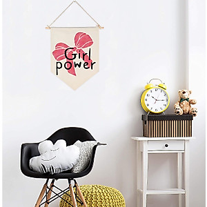 MEHOTOP Girl Power-Canvas Hanging Pennant Flag Banner Wall Sign Decor Gift for Nursery Baby Kids Girl Teen Bedroom Playroom Front Door Bowknot Play Room Wall Banners Birthday Christmas Gifts|Pink, Bow