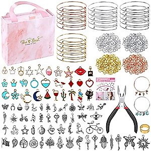 Thrilez 300Pcs Bangle Bracelets Making Kit, Charm Bracelet Making Kit with Expandable Bangles, Charms, Jump Rings and Pliers for Jewelry Making Bangle Bracelets (with Gift Box and Tools)