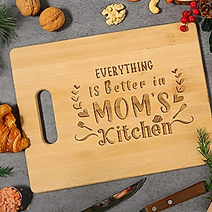 Pandasch Mothers Day Gifts for Mom, Unique Mom Birthday Gifts from Daughters Son - Personalized Engraved Bamboo Cutting Board for Mom with Warm Saying - Everything Is Better in Mom's Kitchen