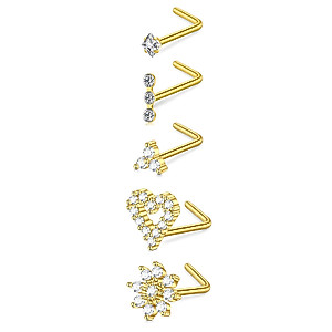 QWALIT Nose Studs 20g Nose Stud Diamond Nose Rings Stud for Women Surgical Steel Nose Piercing Stud Cute Nose Studs L Shaped Flower Heart Stud Nose Ring Gold