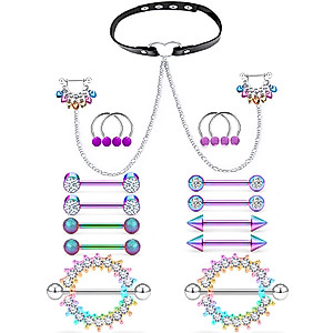 Ocptiy 14G Nipple Rings Piercing Jewelry for Women Surgical Stainless Steel Horseshoe Chain Sexy Nipple Necklaces Choker Chain Shield Barbell Ring Hoop Bar Nipplerings Body Piercing Jewelry for Women