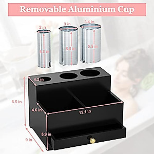 Bathroom Hair Tool Organizer Storage, Black Hair Dryer Curling Iron Holder with Drawer, Skin Care Organizer for Dresser, Vanity Caddy Countertop Organizer Stand for Makeup Brush, Perfume - with 3 Cups