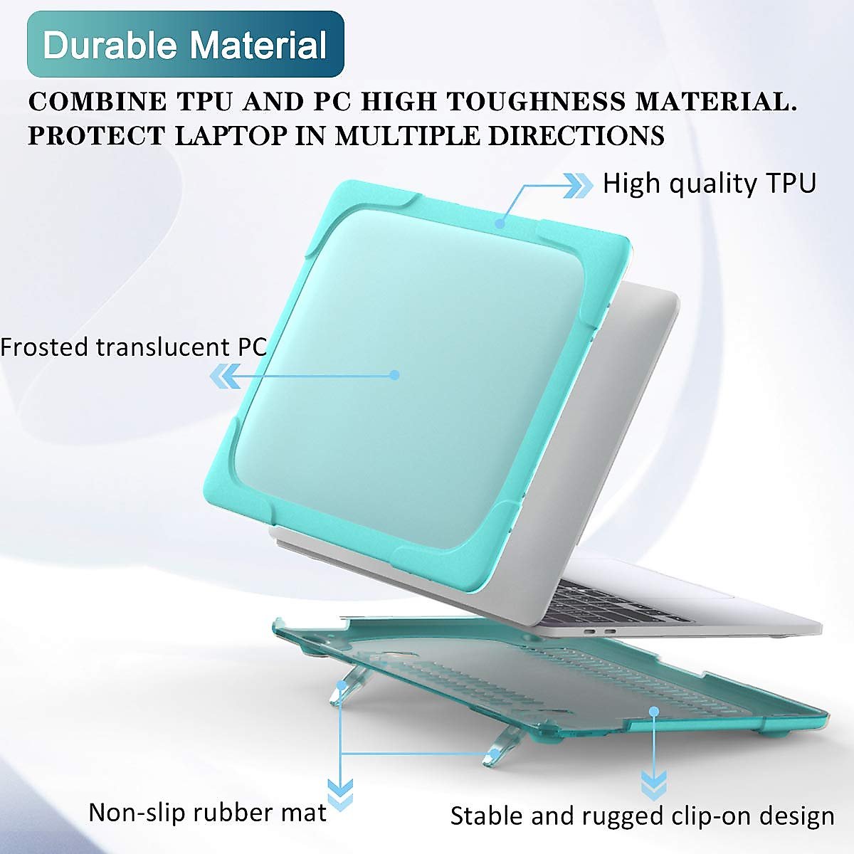 Batianda Heavy Duty Case for MacBook Air 13 inch 2020 A2179 A1932 A2337 M1 Chip with Touch ID, Hard Shell Cover with Foldable Kickstand Shockproof Function and Keyboard Cover, Cyan