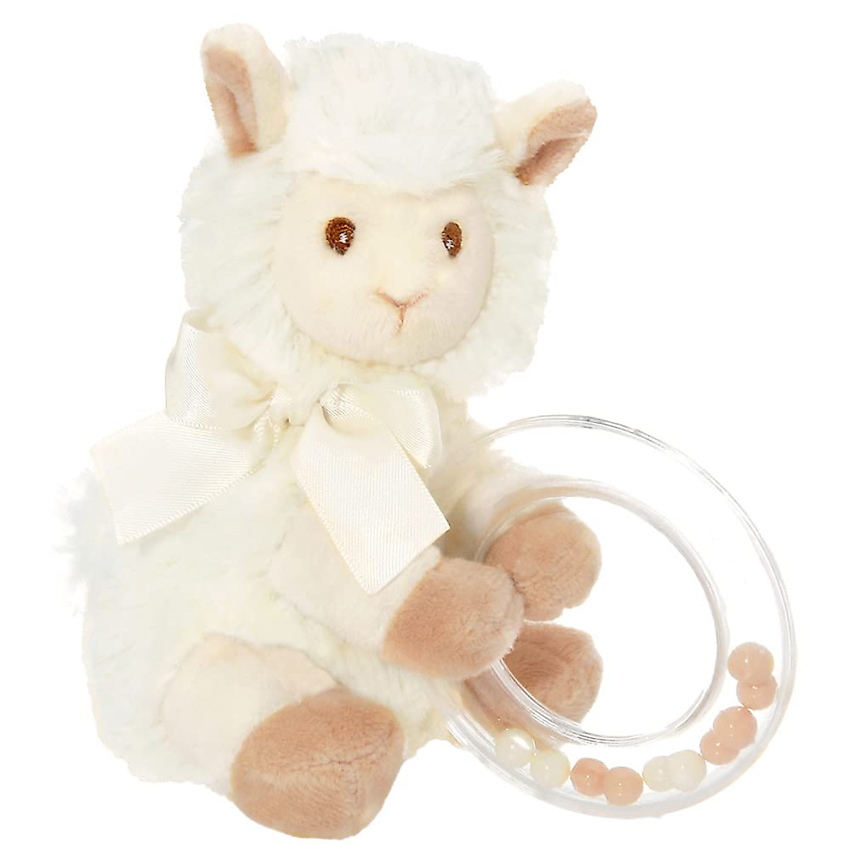 Bearington Baby Lil’ Alma Stuffed Animal Rattle: 5.5” Llama Shaker Toy with Soft Plush Faux-Fur, Satin Bow, Clear Ring and Moving Beads; Makes a Great Baby Shower Gift