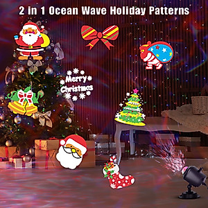 Christmas Projector Lights Outdoor, Brightness Increase HD 2-in-1 Ocean Wave Snowflake LED Holiday Projector Lights Indoor 12 Slides * 8 Patterns, Waterproof for Party Garden Landscape
