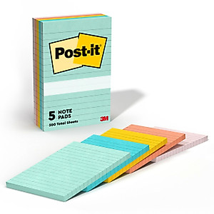 Post-it Notes, 4x6 in, 5 Pads, America's 1 Favorite Sticky Notes, Beachside Cafe Collection, Pastel Colors, Recyclable (660-5PK-AST)