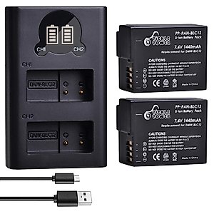 DMW-BLC12, Pickle Power 1440mAh 7.4V Battery Pack and Rapid Smart LED Dual USB Charger Compatible with Panasonic Lumix DMC-G85, DMC-FZ1000, DMC-FZ200, DMC-G5, DMC-G6, DMC-G7, DMC-GX8 Cameras