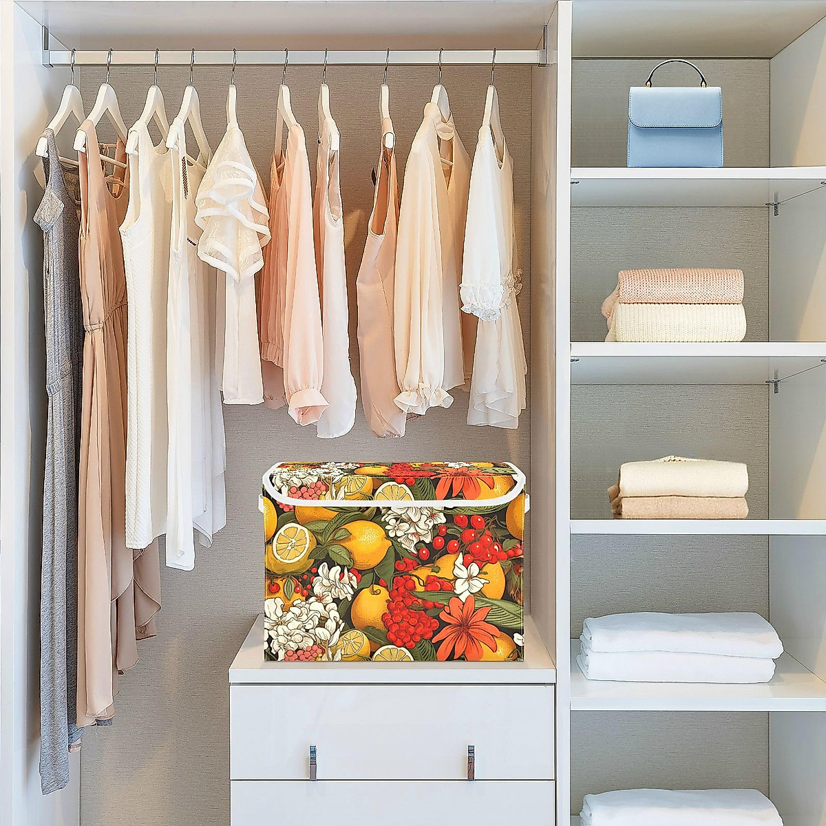 senya Baskets Collapsible Storage Bins with Lids, Retro Lemon White Flower Storage Boxes Clothes Baskets for Organizing, B06D22020