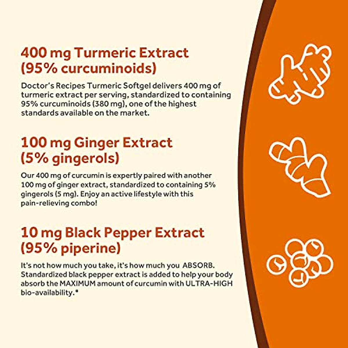 Doctor's Recipes Turmeric Curcumin Softgel, Turmeric with Ginger, 400mg, 95 Percent Concentrated Curcumin, 5% Gingerols, Joint Health, Black Pepper, Kosher Friendly, 120 Softgels