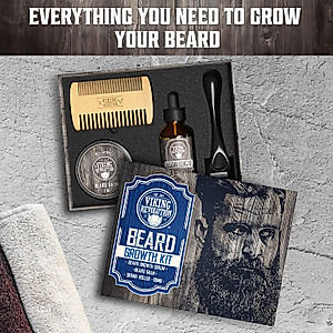 Beard Growth Kit - Oil, Balm, Serum, Derma Roller & Wooden Comb for Beard & Mustache Growth