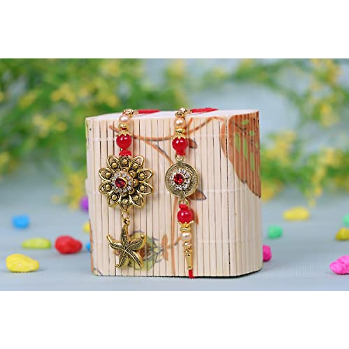 Lumba Rakhi for Brother & Bhabhi Set / Bhaiya Bhabhi Rakhi Thread Jodi Kundan Rakhi Combo (Design 1, Standard)