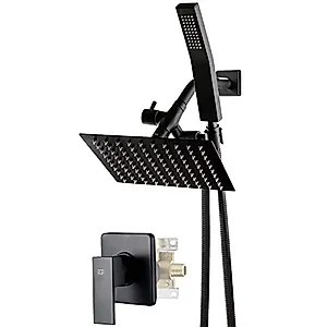 POP SANITARYWARE All Metal Matte Black Shower Faucet Set, Bathroom Rainfall 8 Inch Shower Head System with Handheld Wand, Single Handle Shower Trim Kit with Valve