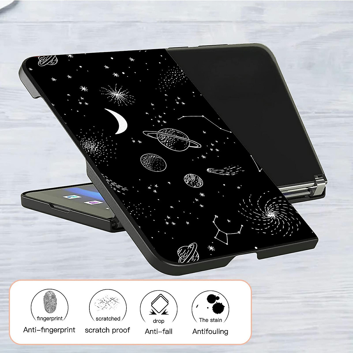 BWEGRHE Moon Spaceship Designed for 8.1" Microsoft Surface Duo Case, Full Cover Ultra Thin PU Leather Back Hard PC Phone Case for Microsoft Surface Duo (2020)