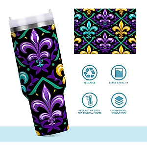 KEEPREAL 30 oz Mardi Gras Tumbler with Handle, Insulated Sports Water Bottle with Lid and Straw, Thermal Stainless Steel Travel Coffee Mug Cup #330
