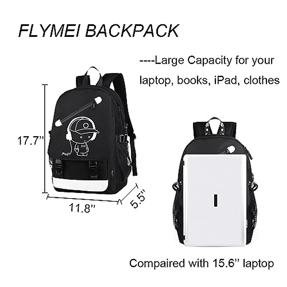 FLYMEI Anime Luminous Backpack for Boys, 15.6'' Laptop Backpack with USB Charging Port, Bookbag for School with Anti-Theft Lock, Black Teens Backpack Cool Backpack for Boys