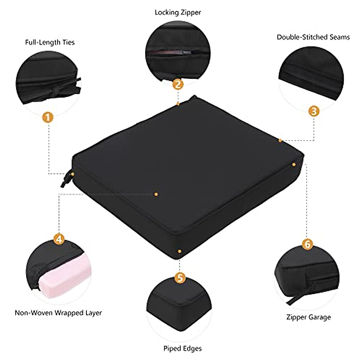 RACE LEAF Patio Seat Cushions 16"x18.5"x3" Square Corner - Set of 2, Black - Indoor/Outdoor Chair Cushions with Invisible Zipper, Water-Resistant Chair Seat Cushion with Ties for Non-Slip Support