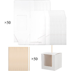 Frcctre 50 Pack White Kraft Candy Apple Boxes with Holes and Sticks, 4" x 4" x 4" Caramel Apple Box Gift Boxes Favor Boxes with Clear Window for Wedding Christmas Baby Shower Party Accessories