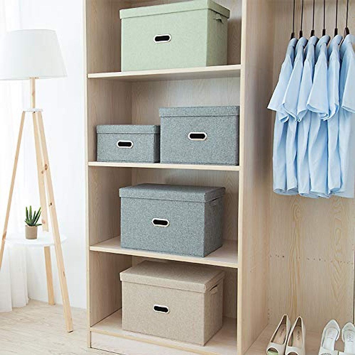 ANMINY Storage Box with Handles Removable Lids PP Plastic Board Foldable Lidded Cotton Linen Home Storage Cubes Bins Baskets Closet Clothes Toys Organizer Containers - Gray, Small Size