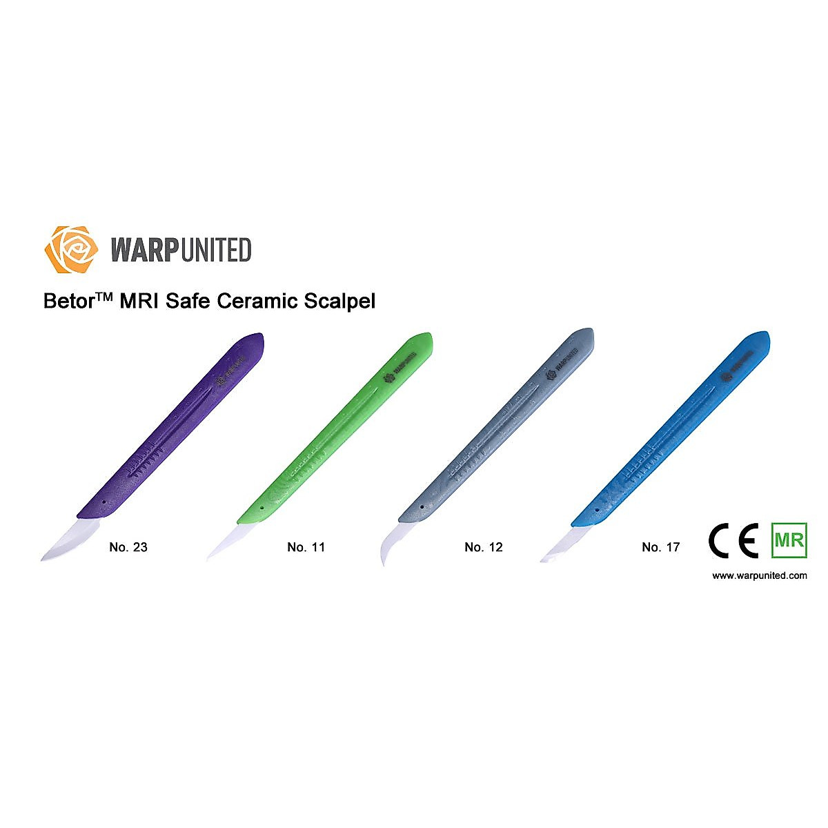 4-Pack Betor Ceramic Scalpel Knife No. 11, 12, 17, 23 MRI Safe with Safety Cap Non-Ferrous