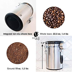 Bean Envy Coffee Canister - 22.5 oz Coffee Storage Container and Organizer w/Stainless Steel Scoop, Date Tracker & Co2-Release Valve - Essential Coffee Accessories, Steel