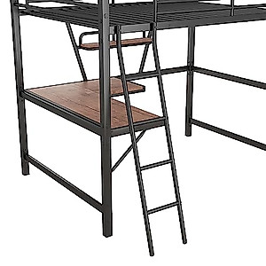 Full Size Metal Loft Bed with MDF Desk and Storage Shelf, Multifunctional Loft Bed with Ladder and Guard Rail, Space Saving, No Box Spring Needed for Boys Girls Teens Adults (Black, Full)