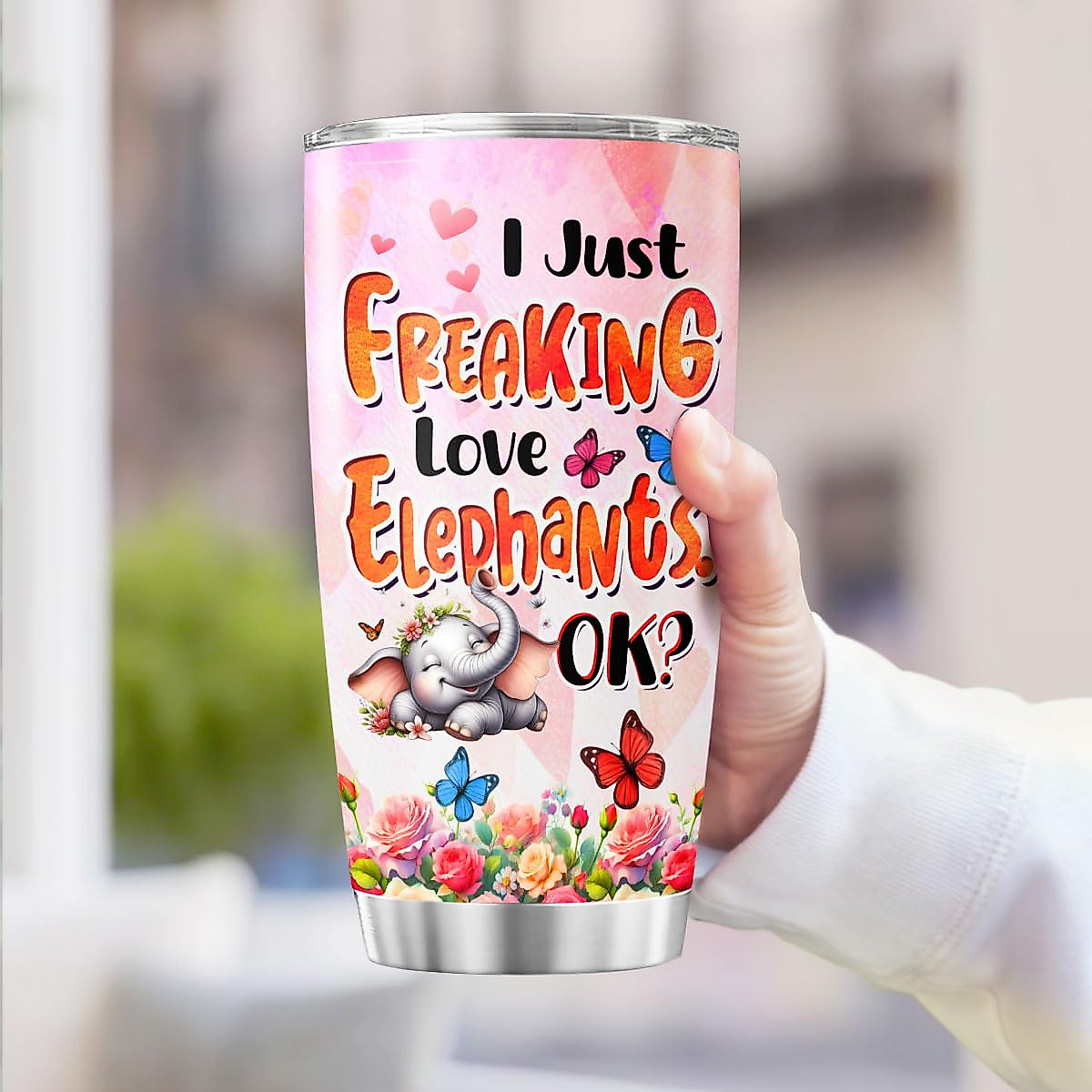 JENOIS Elephant Gifts, Tumbler 20 Oz With Lid And Straw, Floral Flower, Elephant Freaking Love