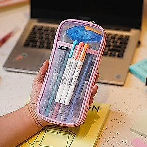 ECHSRT Mesh Pencil Case for Girls With Zipper, Grid Clear Pencil Pouch for Kids Students Teens Boys Adults, Small Transparent Pen Bag for School Office Travel, Pink