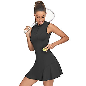 Tanst Sky Golf Dresses for Women with Shorts, Women's Tennis Dress with Pockets Quick Dry Zip Up Pleated Ruffle Sleeveless Athletic Apparel Pickleball Workout Sports Exercise Gym Clothes Black Medium