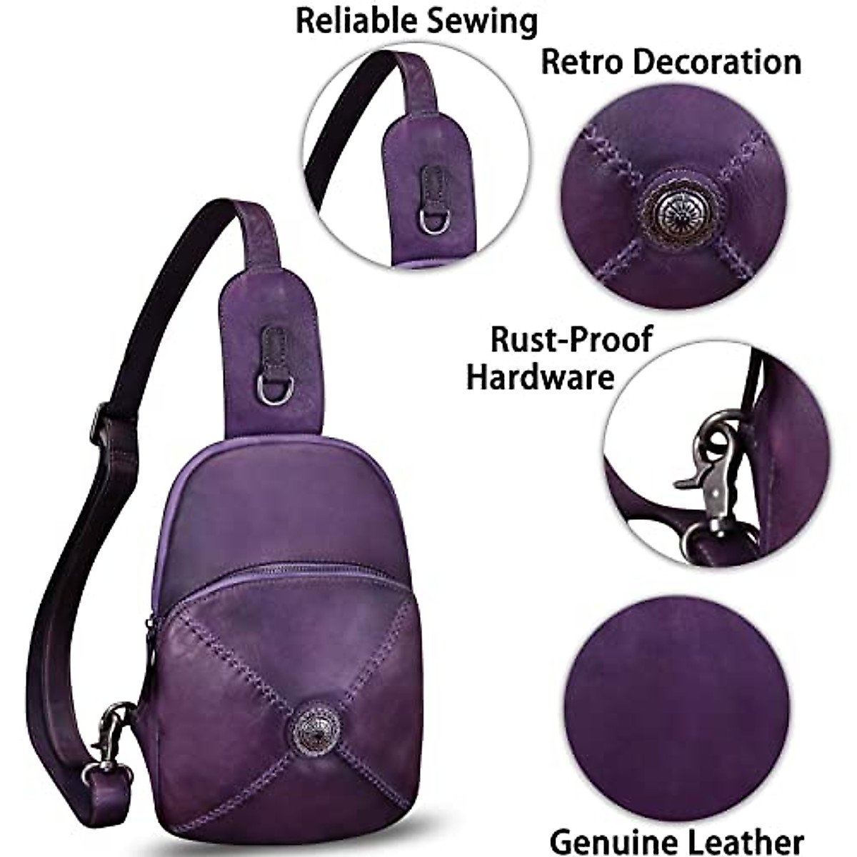 Genuine Leather Sling Bag for Women Sling Backpack Retro Chest Shoulder Vintage Handmade Hiking Crossbody Purse (Purple)