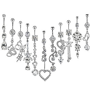 TIANCI FBYJS 14G Women Belly Button Rings Surgical Stainless Steel Dangle Belly Rings 10mm Heart Belly Piercings Flower Butterfly Navel Jewelry 11pcs (silver)