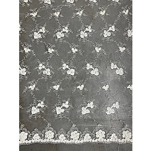 Andrea Ivory 3D Floral Matte Corded Embroidery on Mesh Lace Fabric by The Yard - 10016